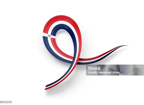 도미니카 공화국의 3d 국기 흰색 배경에 빛나는 물결 모양의 인식 리본 플래그 3d 일러스트 3차원 형태에 대한 스톡 사진 및