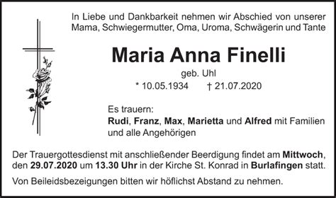 Traueranzeigen Von Maria Anna Finelli Südwest Presse Trauer