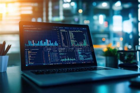 Professional Workspace Featuring Business Analytics Dashboard With Digital Charts And Graphs For