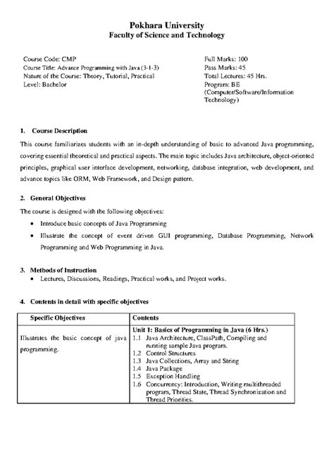 Draft Advanced Programming Java Pokhara University Faculty Of Science And Technology Course