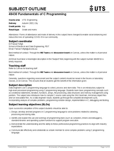 Fundamentals Of C Programming Subject Outline Subject Outline 48430 Fundamentals Of C
