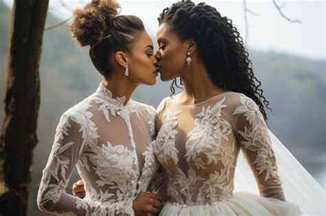 Premium Ai Image Two Multinational Lesbians In Wedding Dresses On The