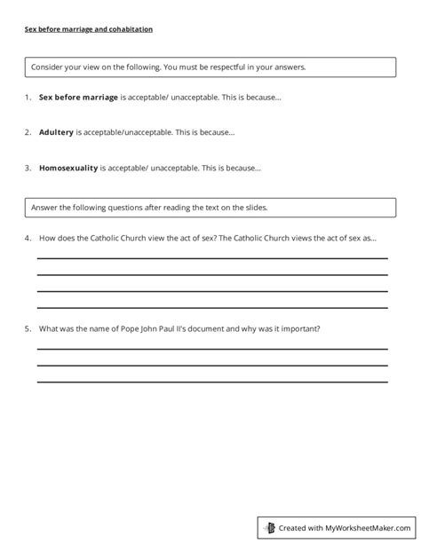 Sex Before Marriage And Cohabitation My Worksheet Maker Create Your