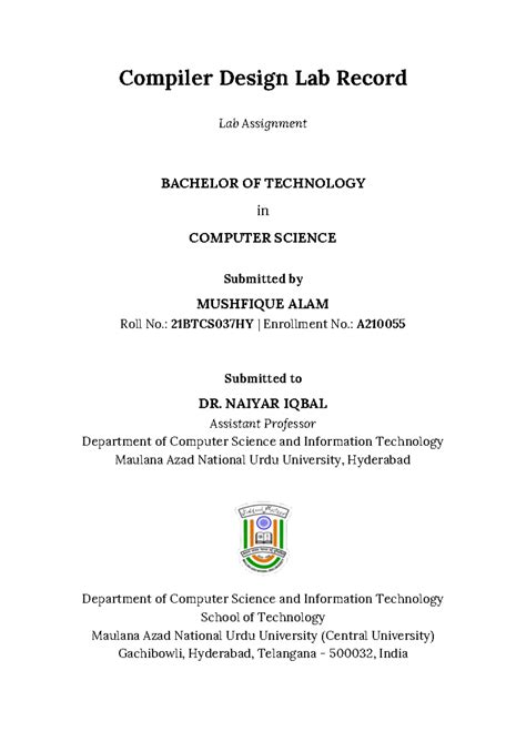 Cd Lab Compiler Design Lab Record Lab Assignment Bachelor Of Technology In Computer Science