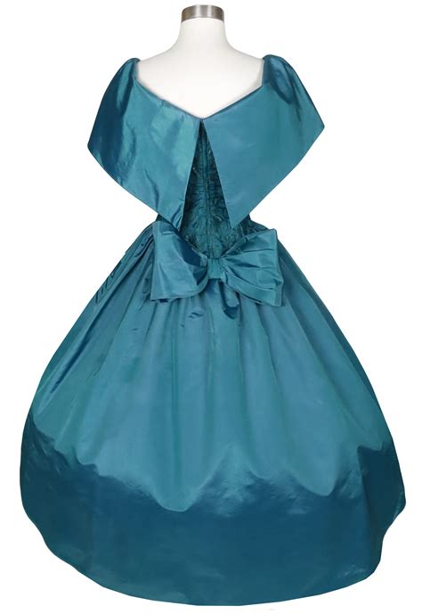 Vintage 80s Dark Teal Lace Taffeta Full Skirt Prom Party Dress S Small