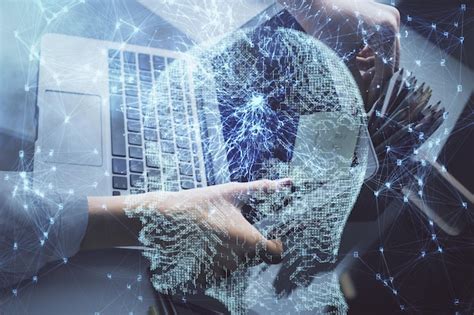 Ai 기술 개념을 그리는 컴퓨터와 인간 두뇌 홀로그램 작업을 하는 여성 손의 다중 노출 프리미엄 사진