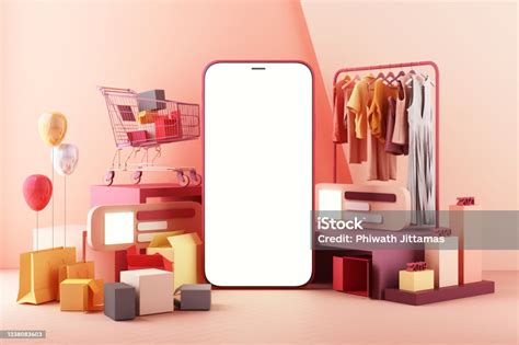 온라인 여성 쇼핑 의류의 개념 소셜 미디어 앱3d 쇼핑 백 채팅 메시지 핑크 파스텔 색상 3d 렌더링에 쇼핑 카트와 스마트 폰