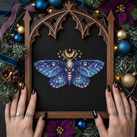 Lunar Moth Cross Stitch Pattern Cosmic Fantasy Insect With Crescent