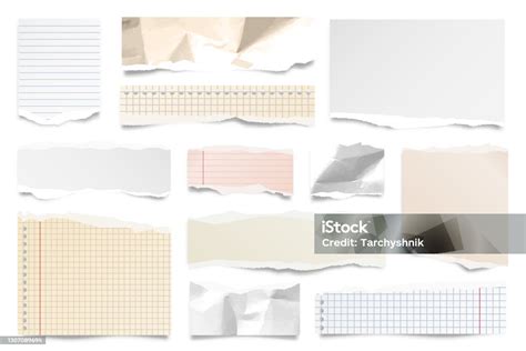 흰색 배경에 고립 된 다채로운 찢어진 종이 스트립 찢어진 가장자리가있는 현실적인 줄 지어 종이 스크랩 스티커 노트 노트북 페이지의 조각 벡터 일러스트레이션 0명에 대한 스톡