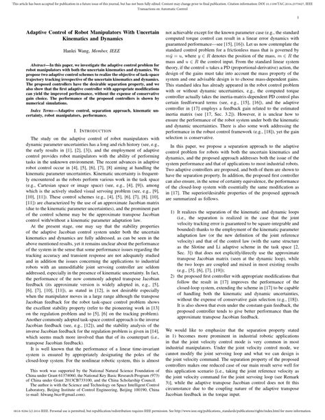 Pdf Adaptive Control Of Robot Manipulators With Uncertain Kinematics