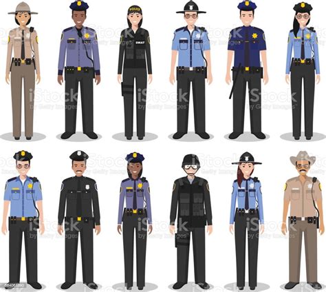 경찰은 사람들이 개념 스와트 장교 경찰관 경위와 흰색 바탕에 플랫 스타일에 보안관의 다른 상세한 그림의 집합입니다 벡터 일러스트입니다 경찰관에 대한 스톡 벡터 아트 및 기타