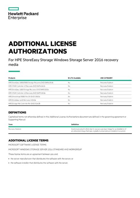 Additional License Authorizations For Hpe Storeeasy Storage Windows