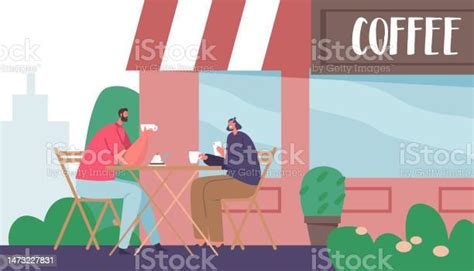남성과 여성 캐릭터 커플이 길거리 카페에서 식사를 즐기고 있다 사람들은 커피를 마시 며 채팅을합니다 편안한 분위기 거리에 대한 스톡 벡터 아트 및 기타 이미지 Istock