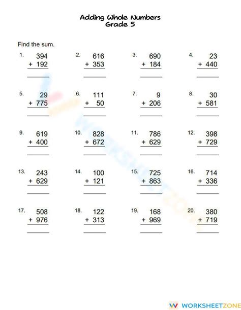 Adding Whole Numbers Grade 5 Worksheet