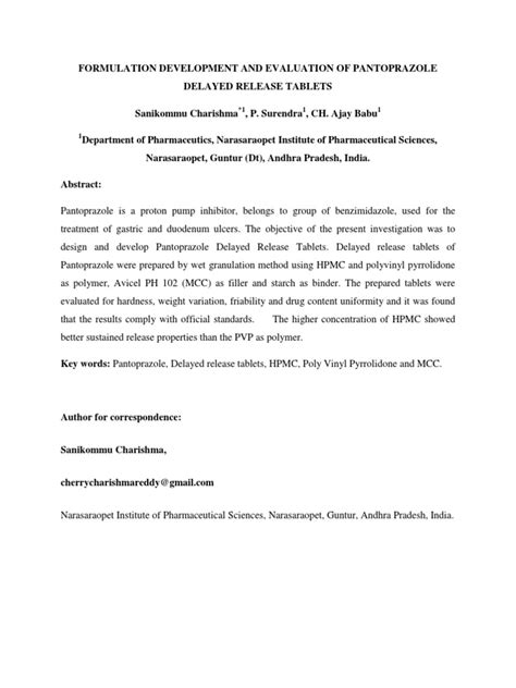 Formulation Development And Evaluation Of Pantoprazole Delayed Release Tablets Pdf Tablet