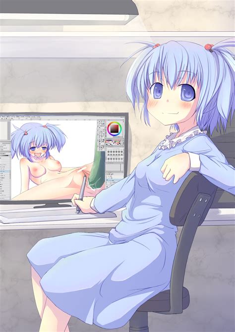 Rule 34 Ahe Gao Blue Eyes Blue Hair Blush Censored Computer Cucumber Hair Bobbles Hair