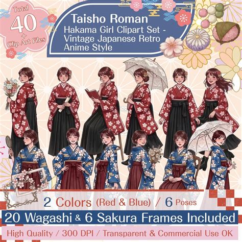 Taisho Roman Hakama Girl Clipart Bundle 40 Retro Japanese Anime Pngs Vintage School Girl