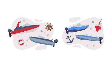 해수 운송 세트 현대 모터 보트와 파워 보트 만화 벡터 일러스트 레이 션 0명에 대한 스톡 벡터 아트 및 기타 이미지 0명