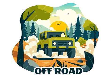평평한 익스트림 스포츠 스타일의 만화 배경에서 바위 지형 강과 모래를 가로지르는 지프 또는 Suv의 오프 로드 터 일러스트레이션 프리미엄 벡터