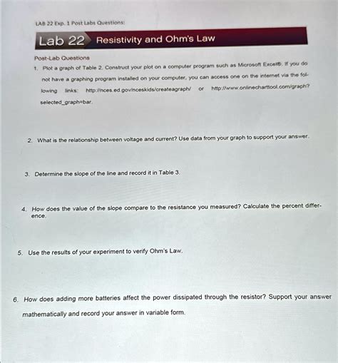 Lab 22 Exp 1 Post Labs Questions Lab 22 Resistivity And Ohms Law Post Lab Questions 1 Plot A