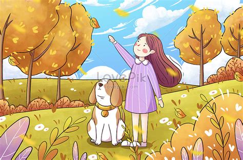 강아지와 함께을 소녀 일러스트 무료 다운로드 Lovepik