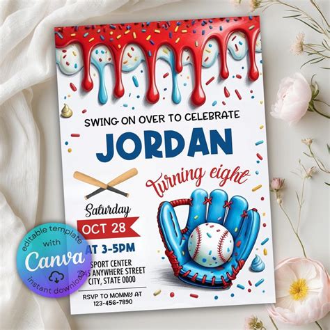 Baseball Birthday Invitation Ice Cream Drip Canva Template Digital