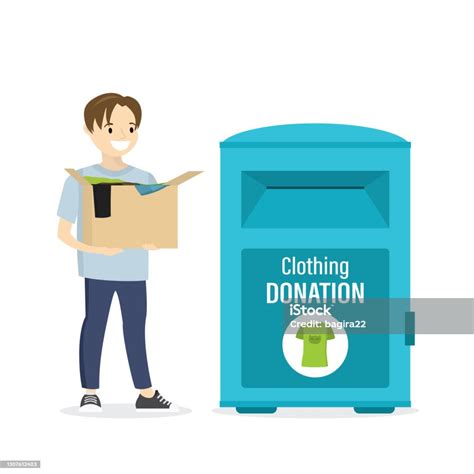 자선 기부 컨셉 배너 백인 소년 자원 봉사자는 옷과 물건상자를 보유하고 있습니다 큰 의류 기부 상자 근처 남성 캐릭터 가득 찬에