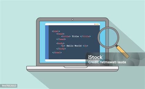노트북 및 텍스트 편집기 프로그램이 포함 된 Html 웹 사이트 구조 코드 프로그램 컴퓨터 언어에 대한 스톡 벡터 아트 및 기타