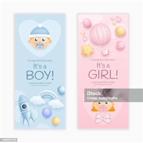 소녀 또는 소년 출산을 위한 베이비 샤워 카드 3d 풍선과 로켓이 있는 생일 초대장 파티 발표 포스터 세트 유아 얼굴 신생아 축하 벡터 배경 아기에 대한 스톡 벡터 아트 및