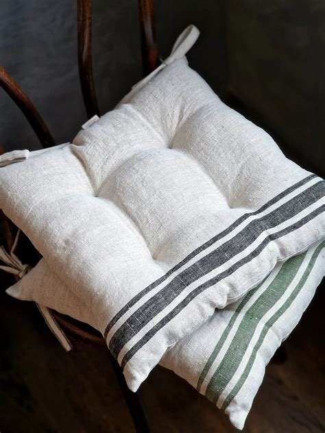 Linen Chair Pad With Ties French Style Striped Seat Cushion Natural