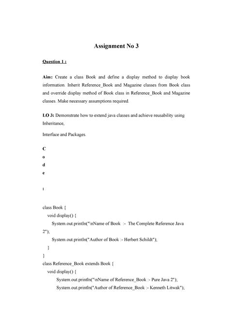 [java] Shreya Assignment 3 Assignment No 3 Question 1 Aim Create A Class Book And Define A