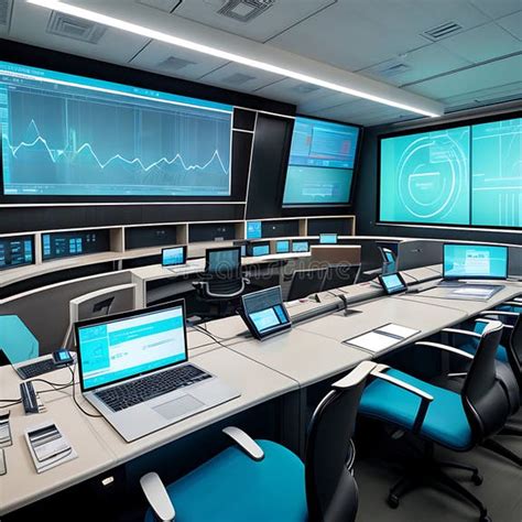 A Futuristic Command Room With Several Large Screens With Graphics
