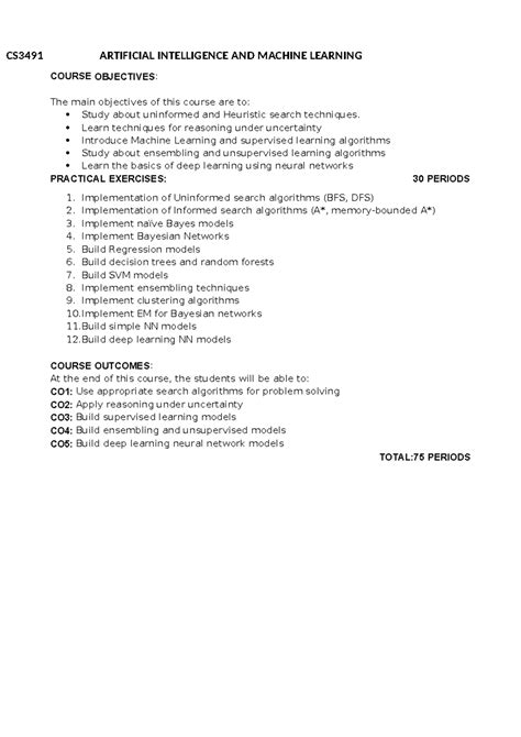 Cs3491 Artificial Intelligence And Machine Learning Cs3491 Artificial