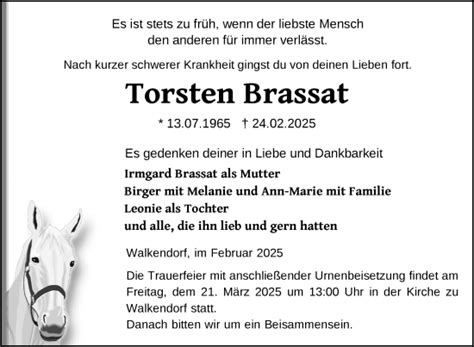 Traueranzeigen Von Torsten Brassat Trauer Nordkurier