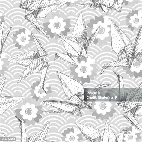 종이 접기 흰 종이 크레인 세트 스케치 완벽 한 패턴 회색 선 일본 파 원 패턴 회색 바탕에 파스텔 색상으로 자연 동양 배경 벡터 0명에 대한 스톡 벡터 아트 및 기타