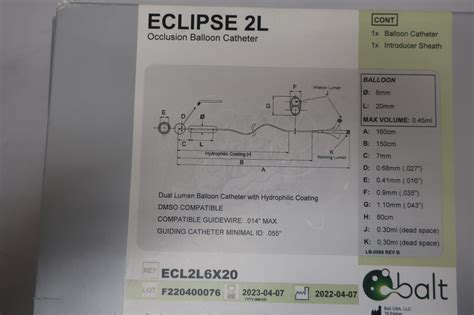 New Balt Ecl2l6x20 Eclipse 2l Occlusion Balloon Catheter 6mm X 20mm Disposables General For