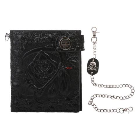 ในสต็อก Seng Vintage Skull Leather Wallet With Anti Theft Chain Men