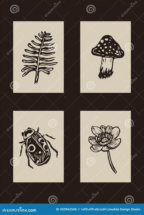 Handmade Linocut Bug Mushroom Motif Clipart In Folkart Scandi Style Set Of Simple Monochrome