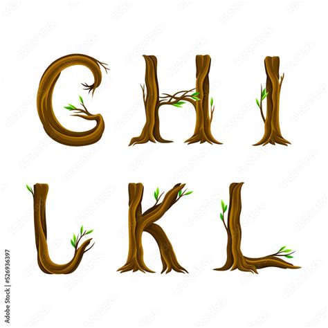 Forest Alphabet Arranged From Tree Trunk And Branches With Capital Letter Symbols Vector Set