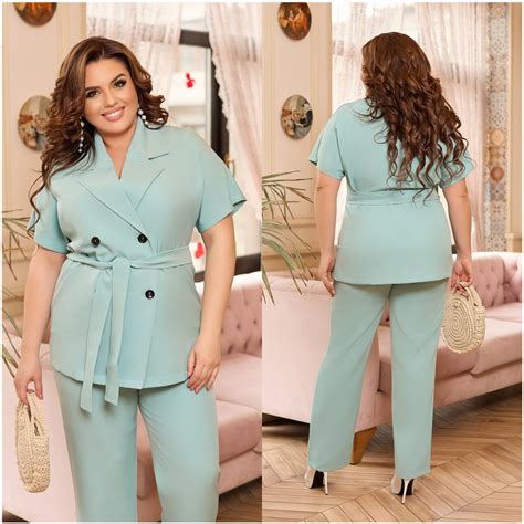 Стильный деловой брючный костюм женский с жакетом на короткий рукав батал большие размеры цена