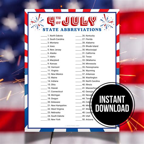4th Of July Usa State Abbreviations Game Printable 50 Us United States
