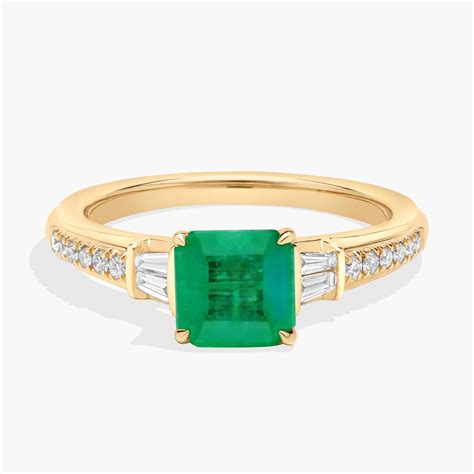 Asscher Cut Emerald And Diamond Ring In 14k Yellow Gold 8x8mm