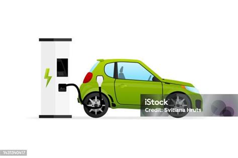 충전소에 전기 자동차 충전되는 차량 배터리 Ev 차량이 꽂혀 전기를 얻었습니다 벡터 일러스트레이션 차에 대한 스톡 벡터 아트 및 기타 이미지 Istock