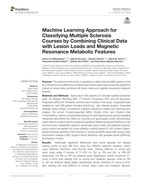 Pdf Machine Learning Approach For Classifying Multiple Sclerosis Courses By Combining Clinical