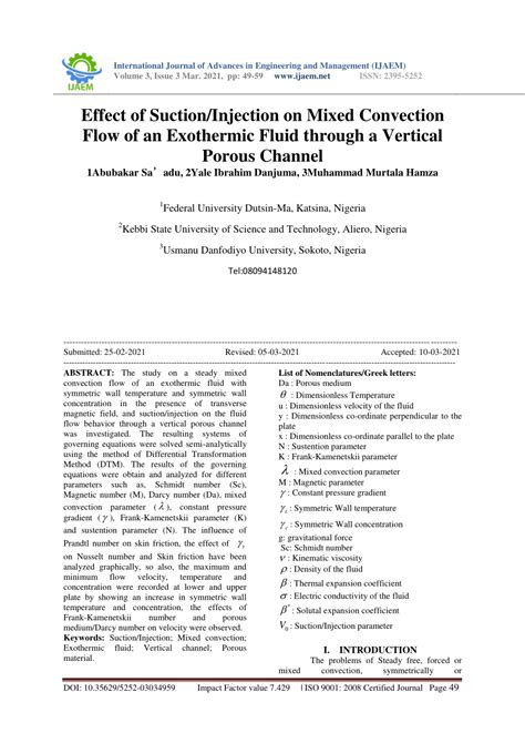 Pdf Effect Of Suctioninjection On Mixed Convection Flow Of An Exothermic Fluid Through A