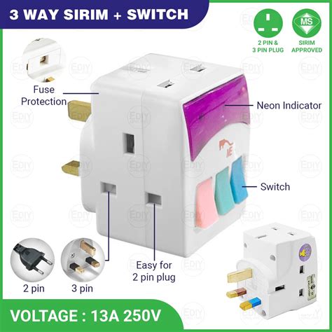 3 WAY ADAPTOR ADAPTER WITH SWITCH SWITCHES USB SOCKET PLUG CHARGER CHARGING GANG MULTI NEON