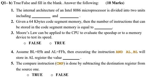 Solved Q1 B Truefalse And Fill In The Blank Answer The Following 10