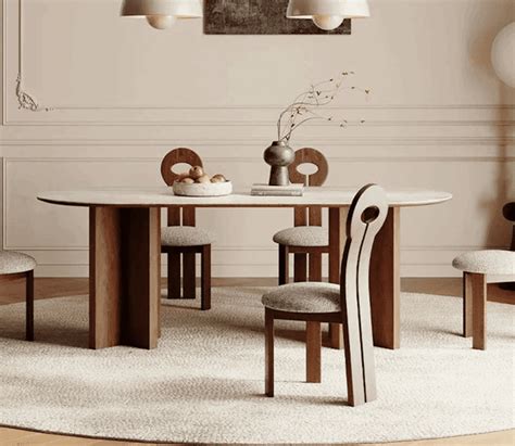 Miarik Design Asabo Ahşap Ayak Traverten Mermer Yemek Masası