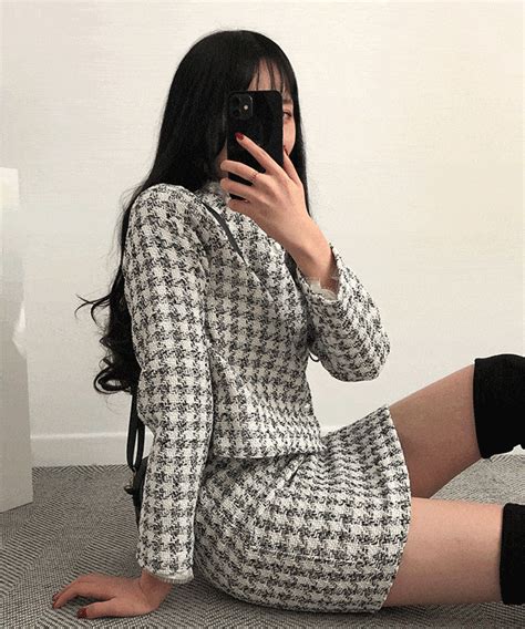 세트가능 샤인 하운드 체크 자켓 스커트 투피스 세트 에이블리