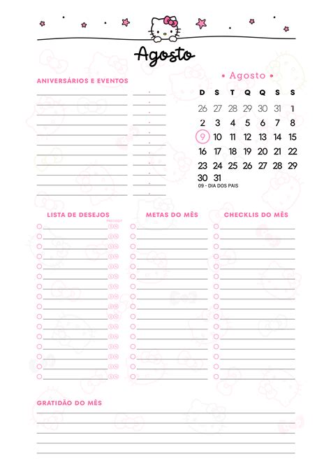Planner Hello Kitty Calendario Mensal Agosto Fazendo A Nossa Festa